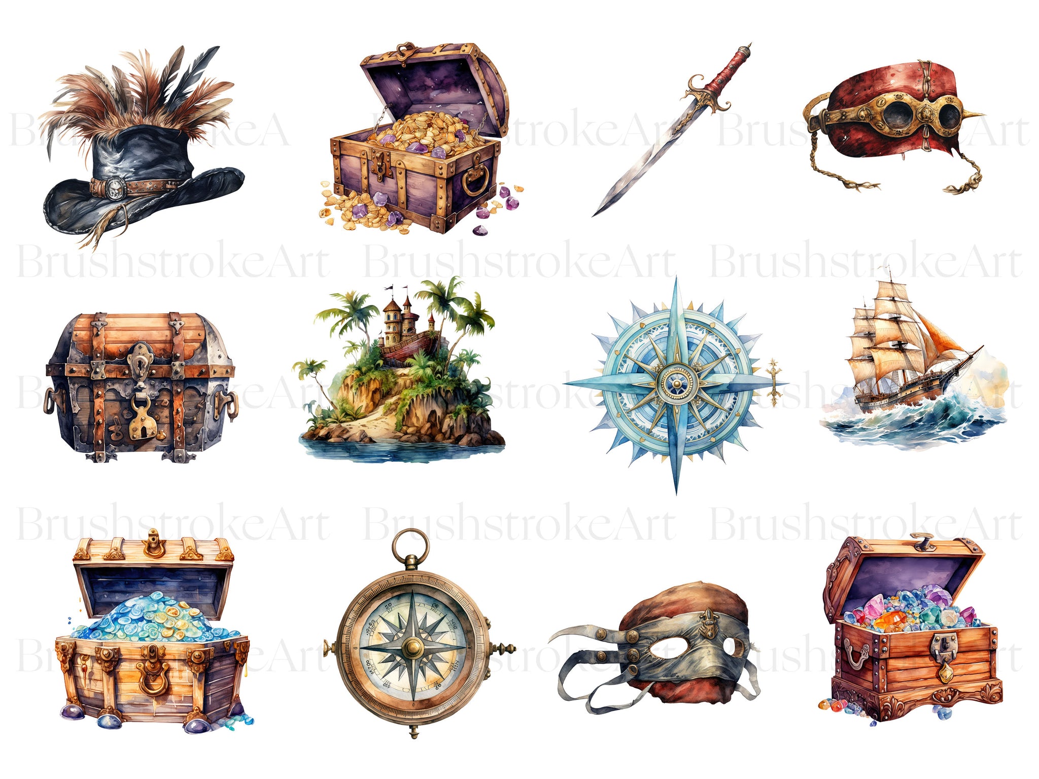 Watercolor Pirate Clipart, Treasure Map, Pirate Ship, Island – Clipartset