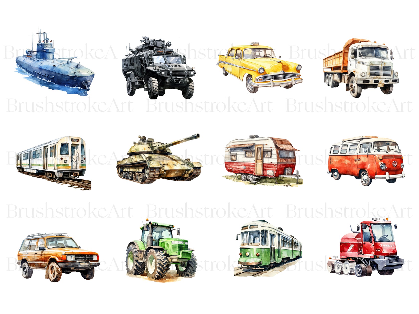 Watercolor Vehicle Clipart, Transportation A-Z, Truck, Car – Clipartset