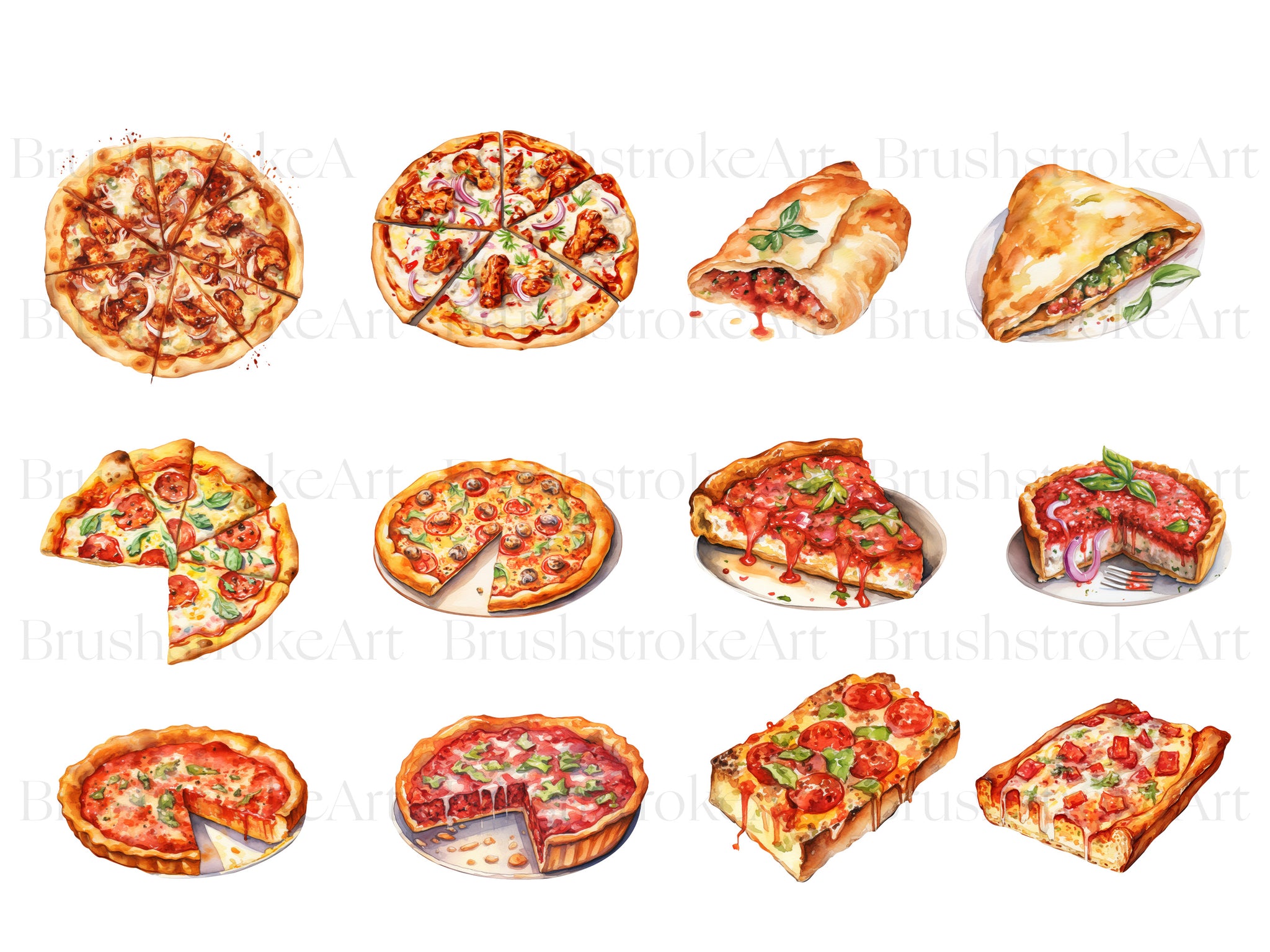 Watercolor Pizza Clipart, Pizza Margherita, Pepperoni Pizza – Clipartset