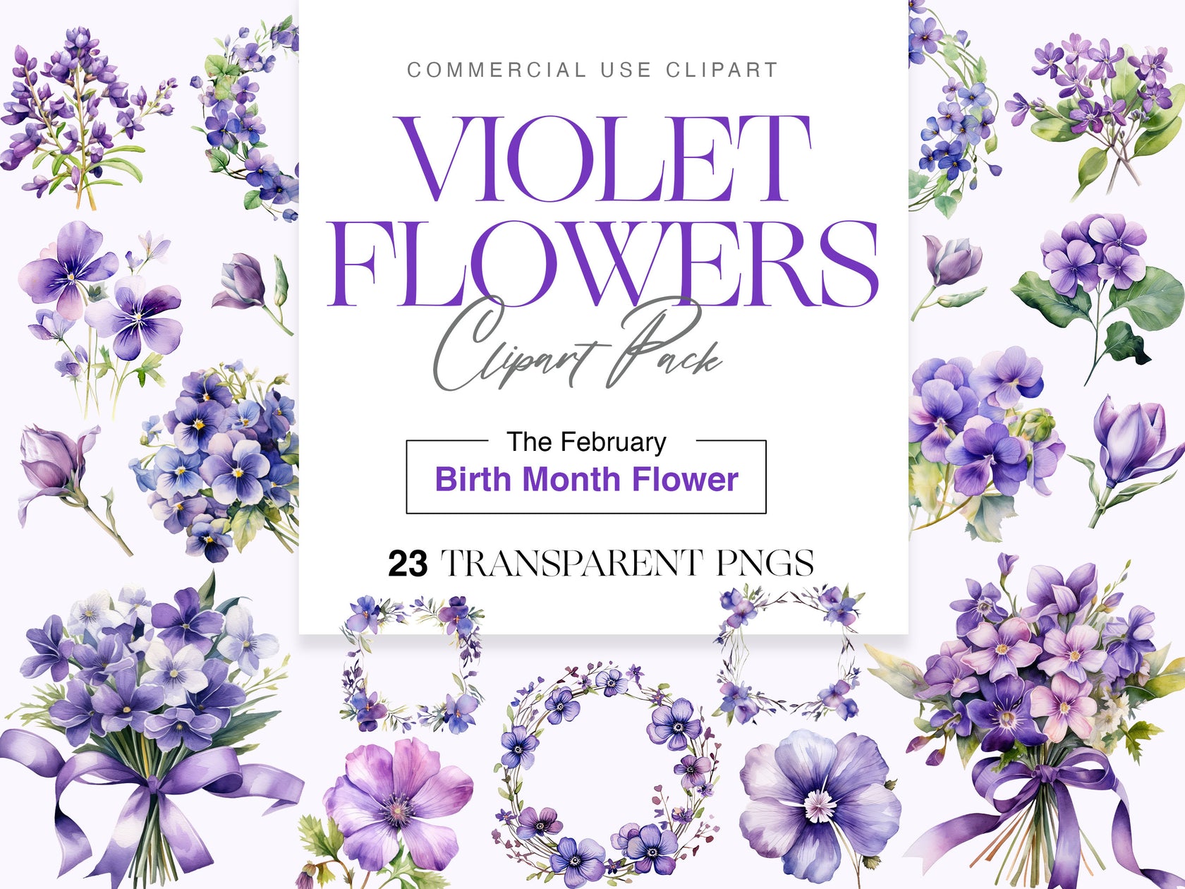 23 Watercolor Violet Flower Clipart, Violet Bouquet, Birth Month Flowe ...