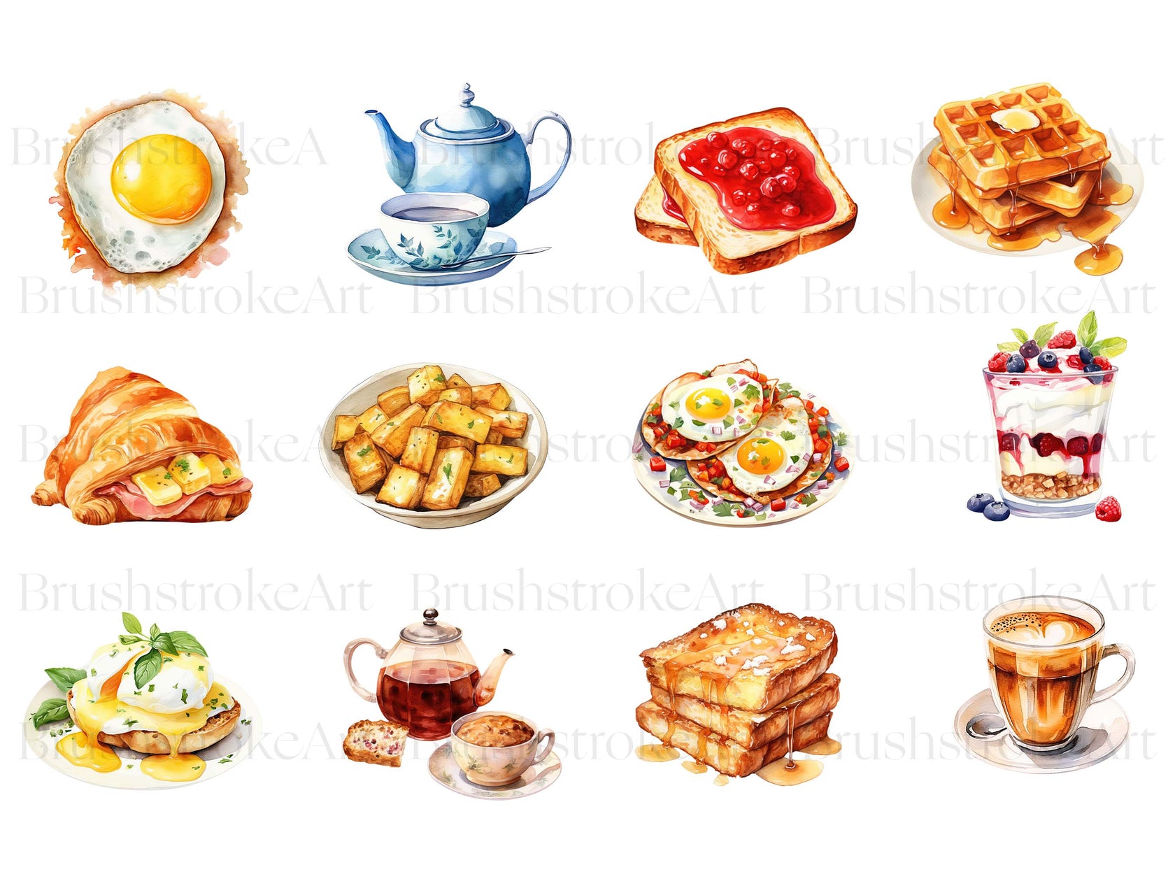 46 Watercolor Breakfast Clipart, English Breakfast, Coffee and Tea, Wa ...