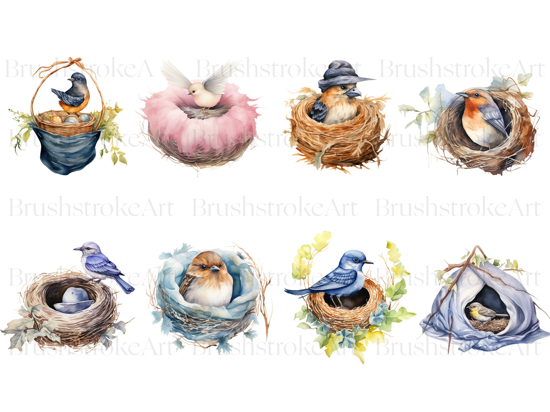 40 Watercolor Bird Nest Clipart, Birds PNG, Eggs in a Nest, Floral Nes ...