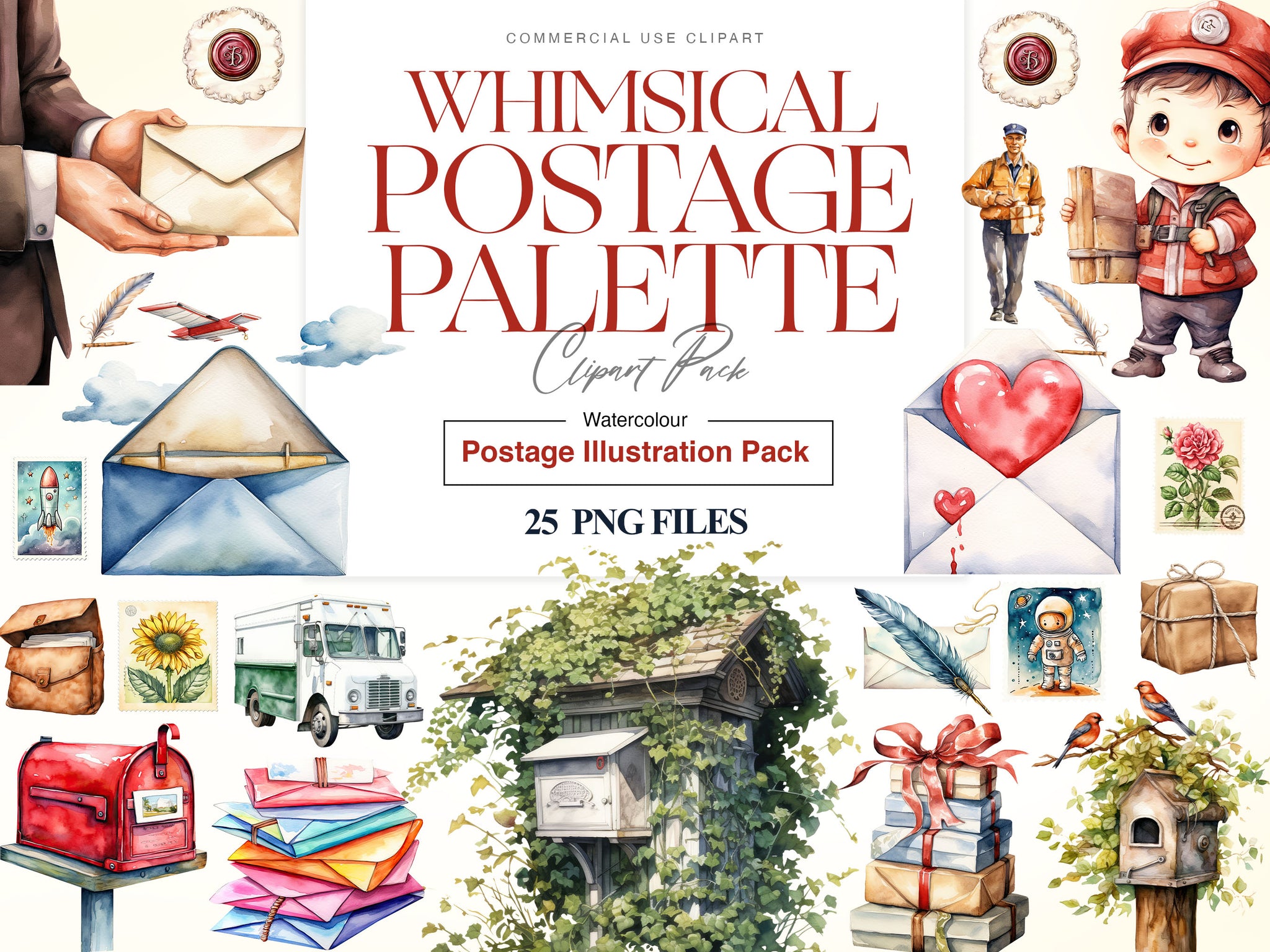 Watercolor Postage Clipart, Mail Truck, Letter PNG, Mailbox – Clipartset