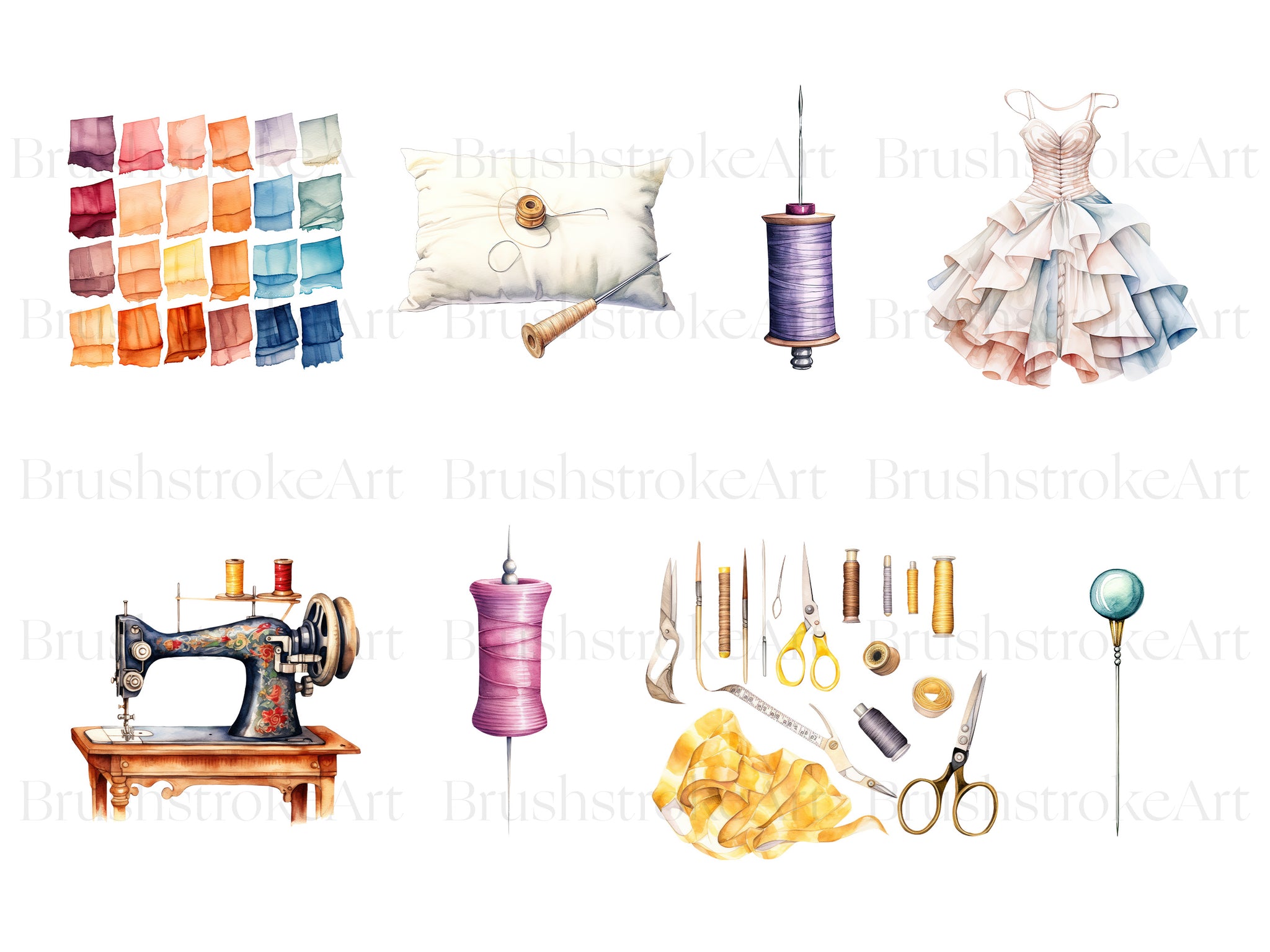 32 Watercolor Sewing Clipart, Sewing Machine, Vintage Fashion, Threads ...
