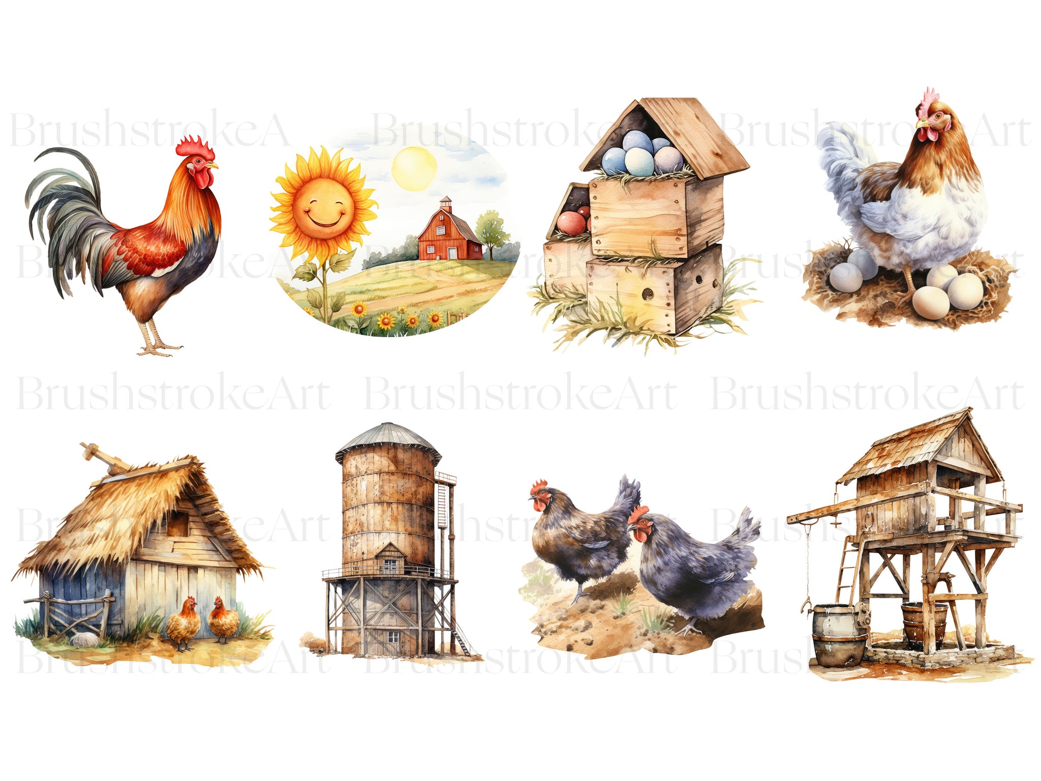 Watercolor Hen Clipart, Chicken PNG, Baby Chick, Rooster – Clipartset