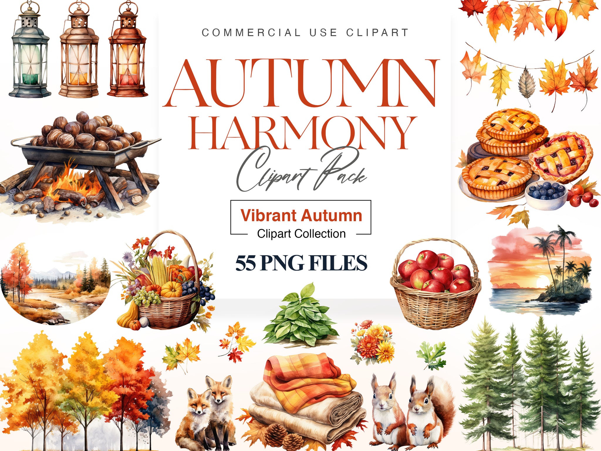 55 Watercolor Autumn Clipart, Autumn, Pumpkin, Floral Clipart, Autumn ...