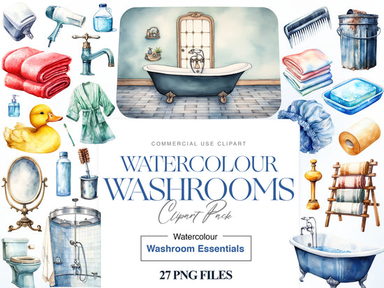 Watercolor Bathroom Clipart, Bath Illustration, Shower PNG, Washroom ...