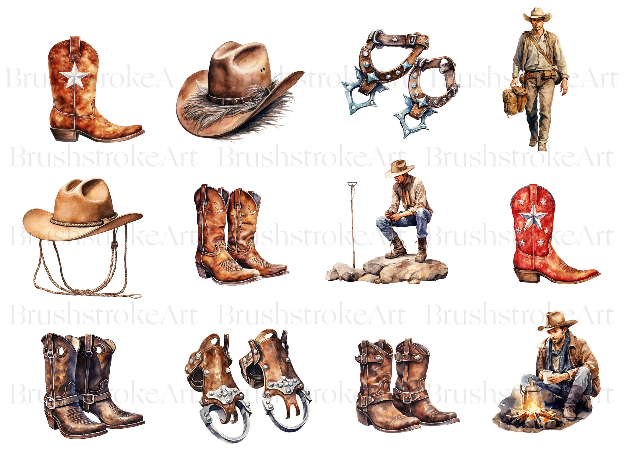 Watercolor Cowboy Clipart, Horse, Cactus, Dude Ranch, Cowboy Boots ...