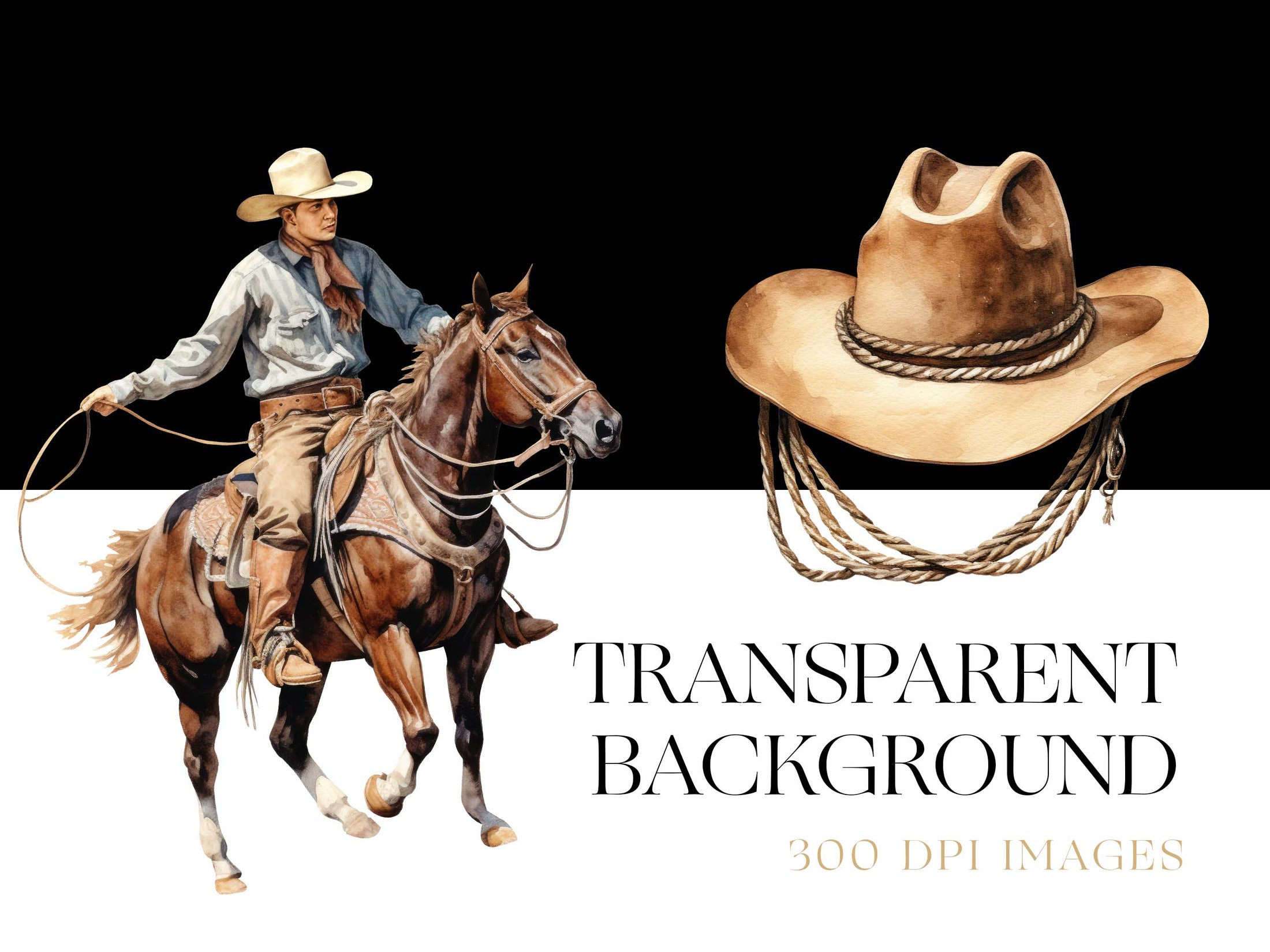 Watercolor Cowboy Clipart, Straw Hat, Lasso, Texas Cowboy, Western ...