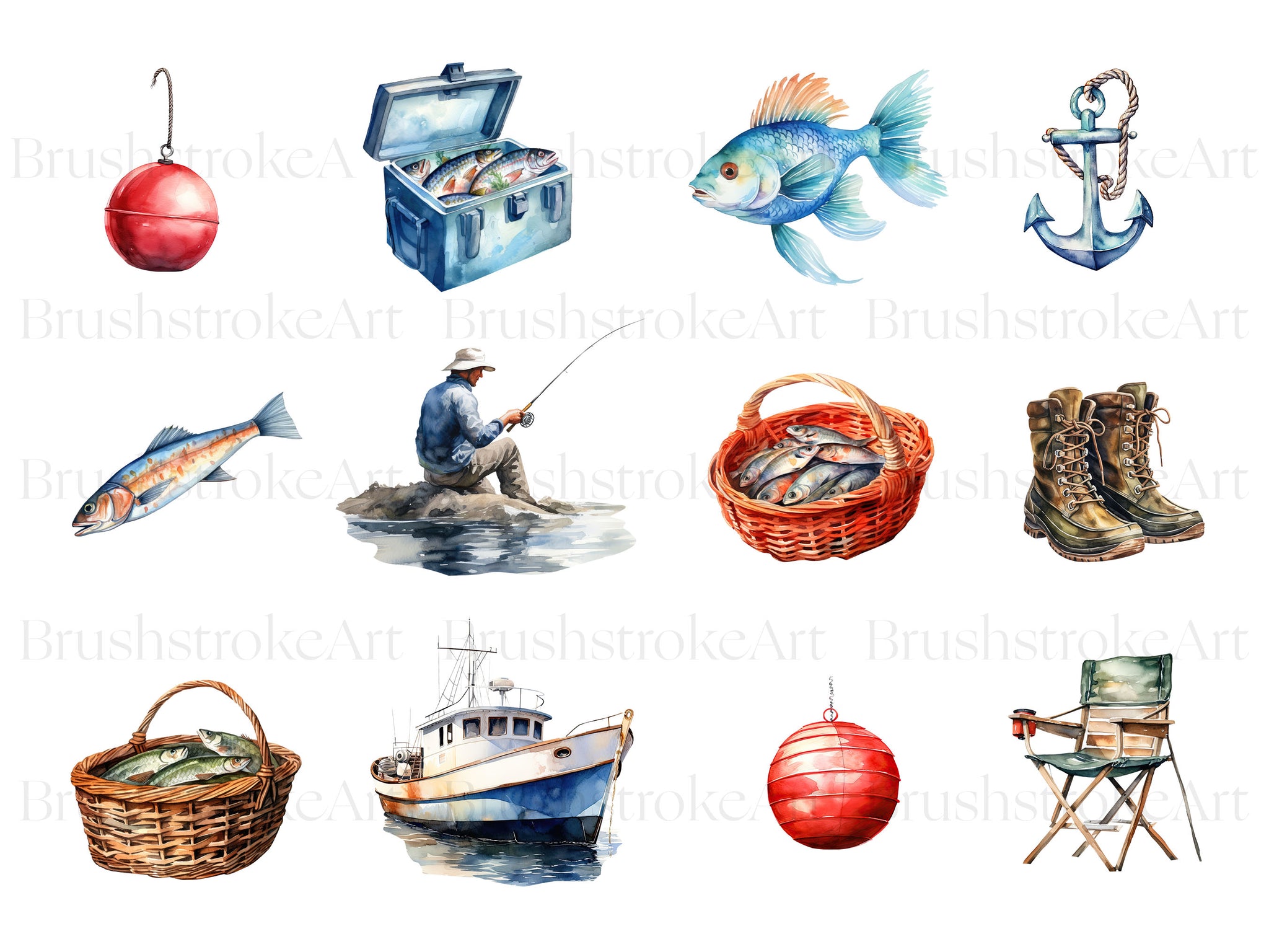 36 Watercolor Fishing Clipart, Fishing Boat, Fisherman, Fishing Gear ...