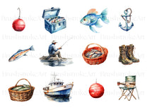 36 Watercolor Fishing Clipart, Fishing Boat, Fisherman, Fishing Gear ...