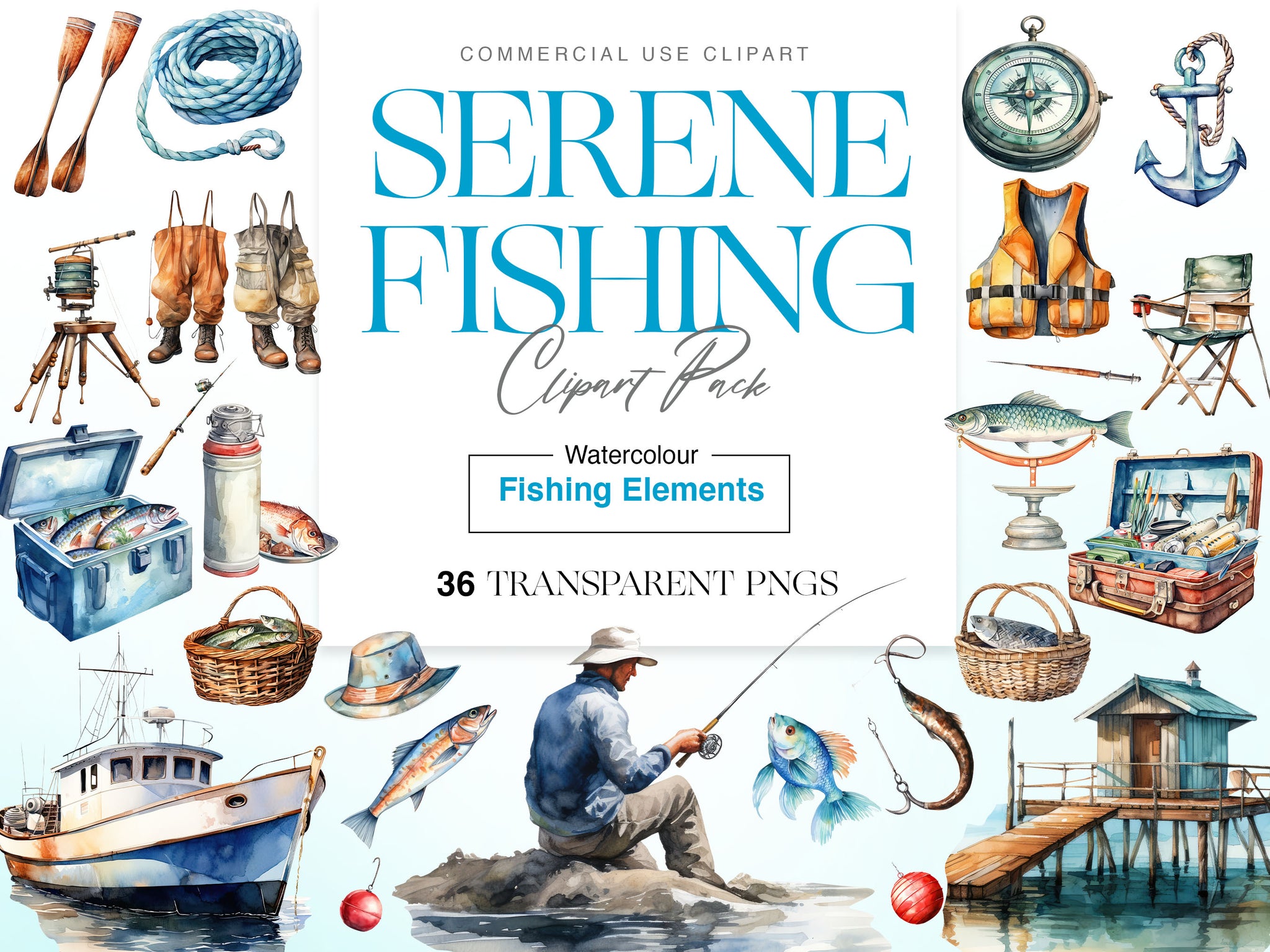 36 Watercolor Fishing Clipart, Fishing Boat, Fisherman, Fishing Gear ...