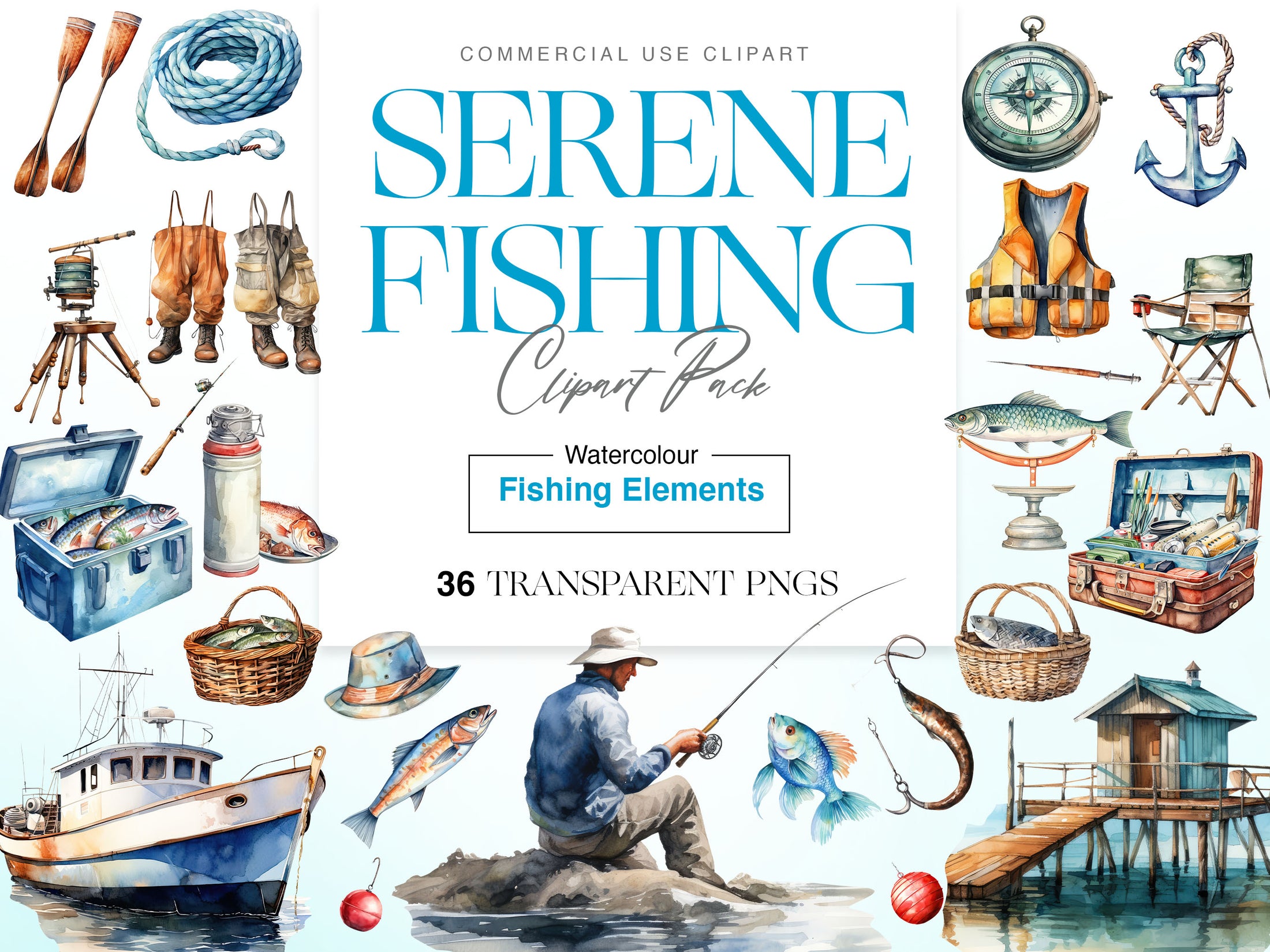 36 Watercolor Fishing Clipart, Fishing Boat, Fisherman, Fishing Gear ...
