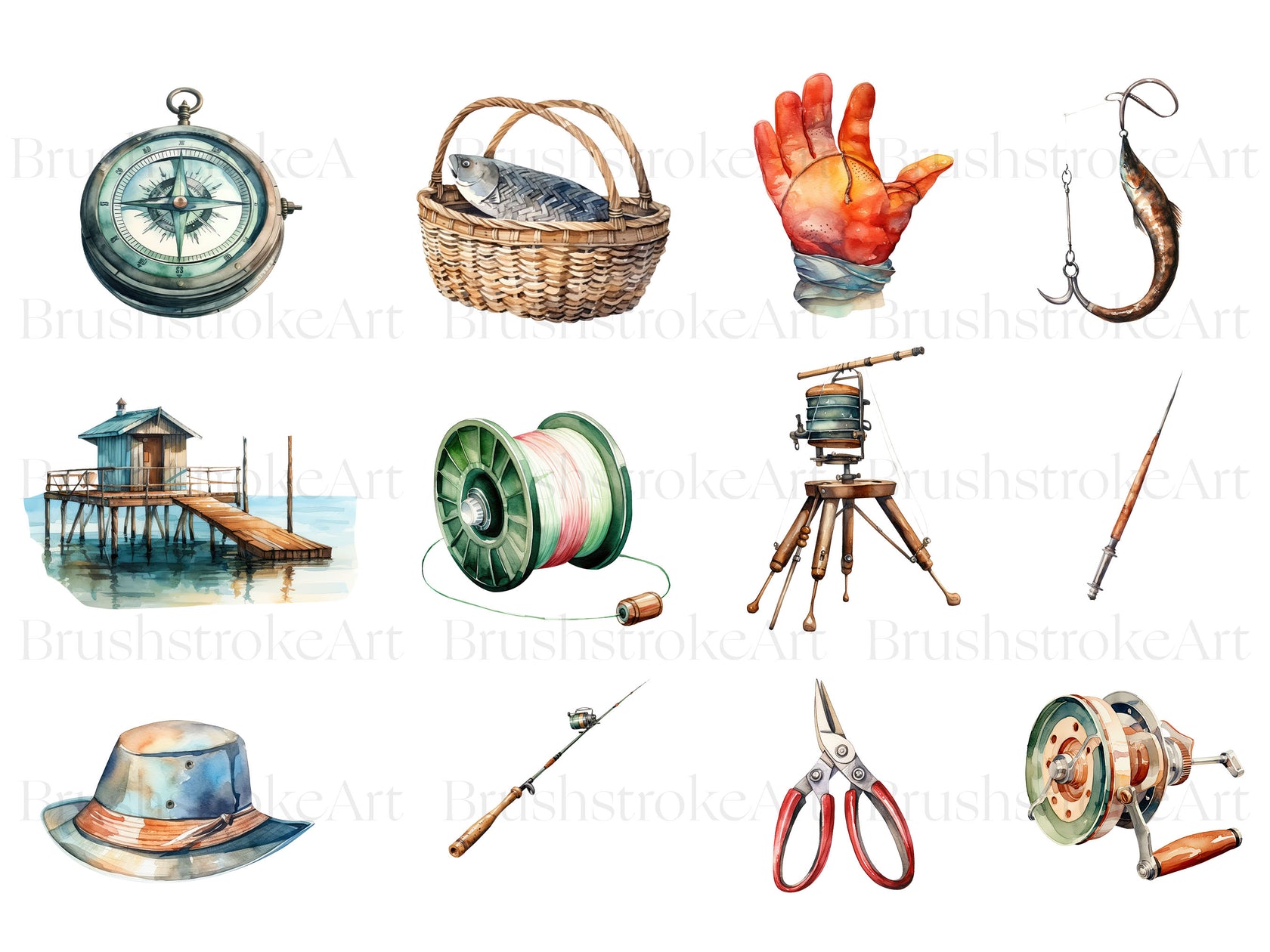 36 Watercolor Fishing Clipart, Fishing Boat, Fisherman, Fishing Gear ...