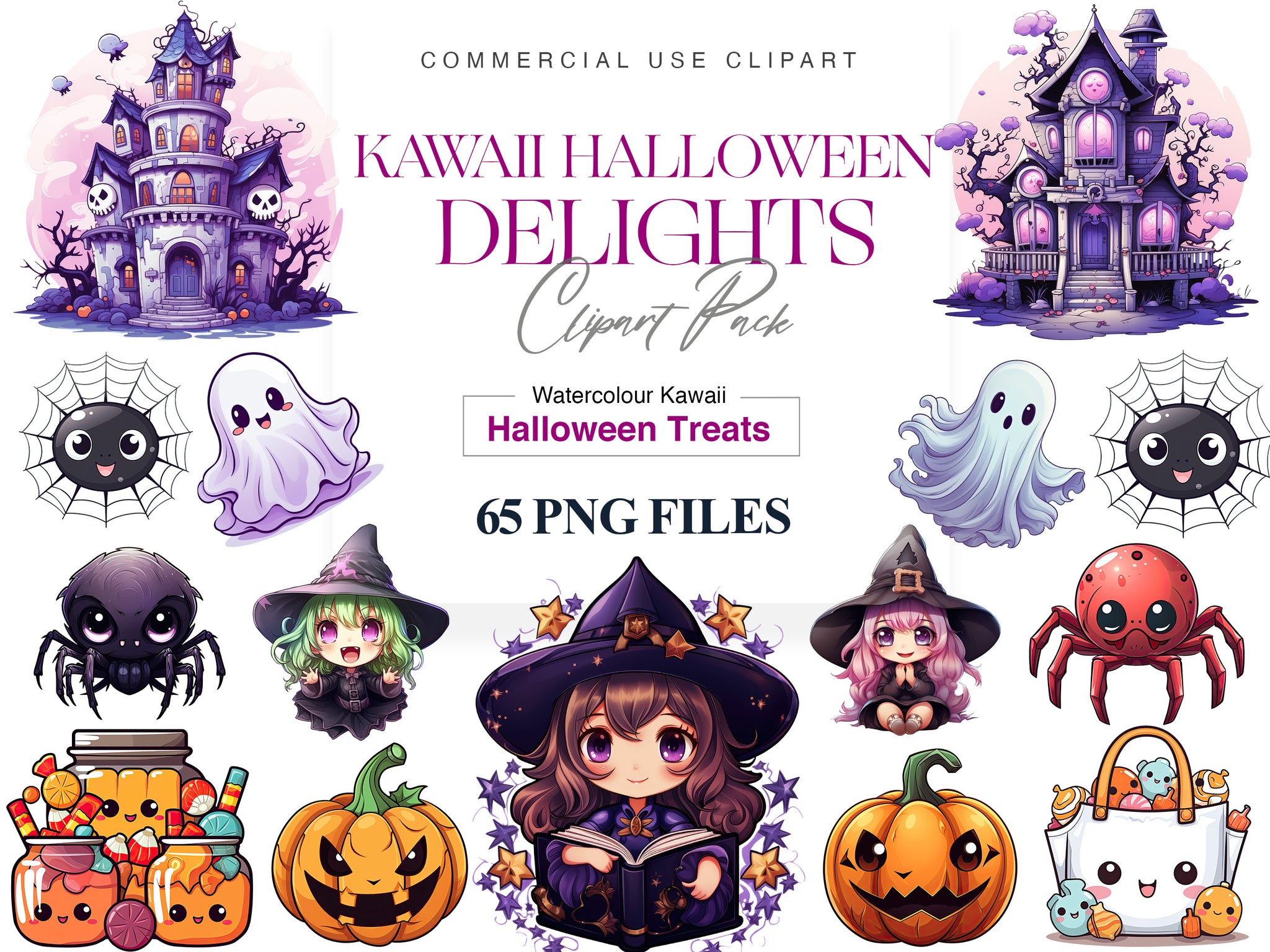 Kawaii Watercolor Halloween Clipart, Vampire, Witch PNG, Halloween Pum ...
