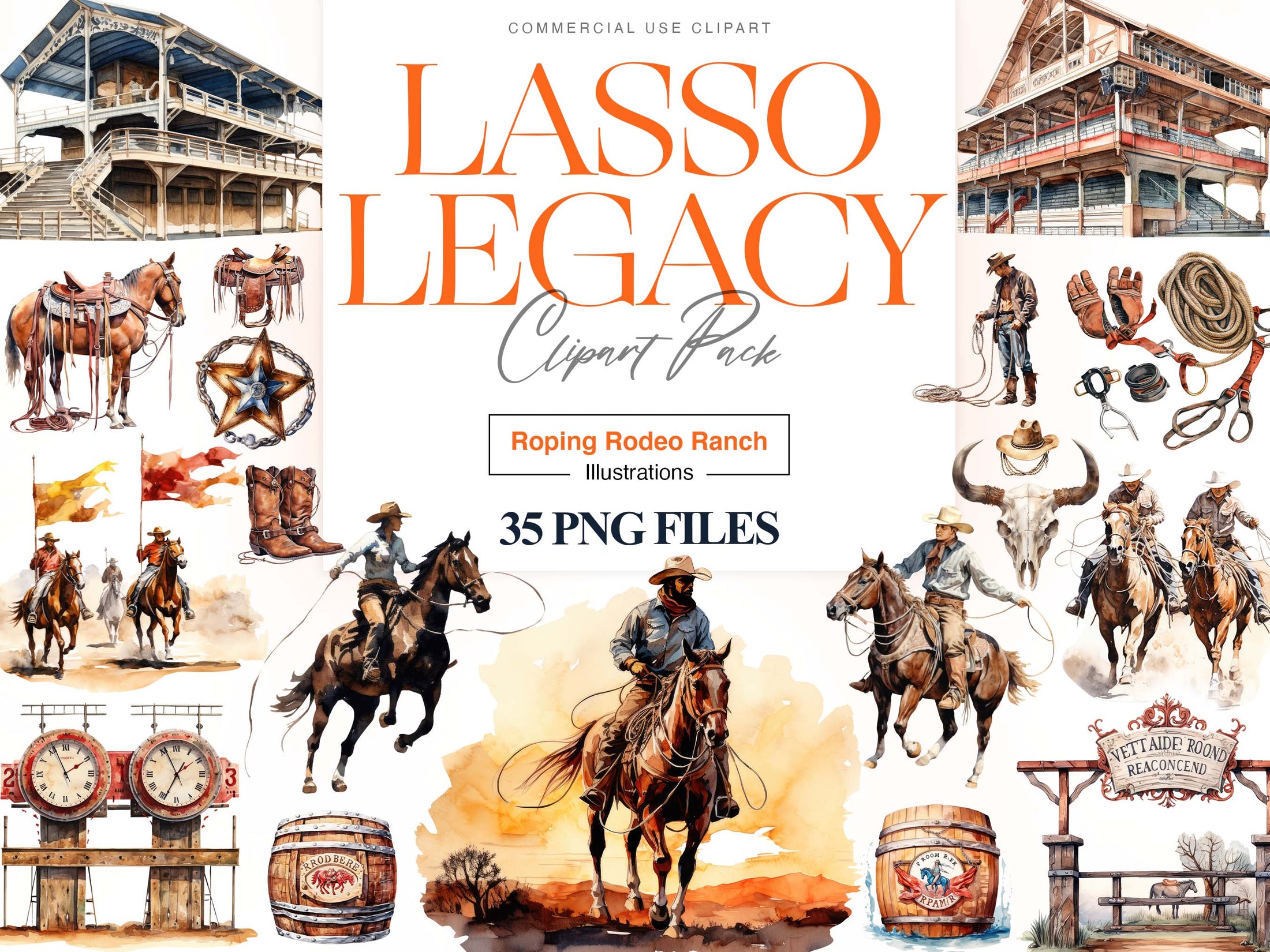 Watercolor Cowboy Clipart, Straw Hat, Lasso, Texas Cowboy, Western ...